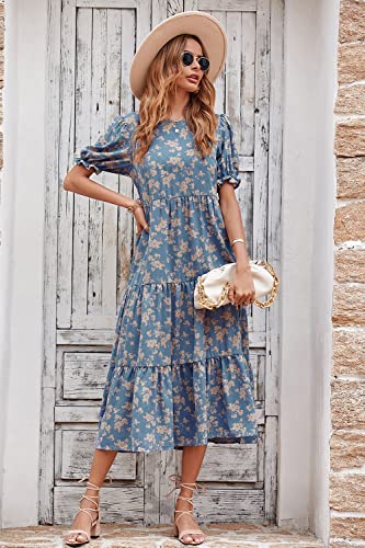 PRETTYGARDEN Women's Summer Casual Boho Dress Floral Print Ruffle Puff Sleeve High Waist Midi Beach Dresses (Blue Apricot,Medium)