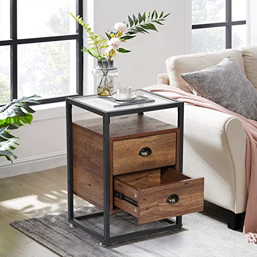 VECELO End Table, Modern Nightstand with Drawer, Night Stand Set of 2 for Bedroom Living Room,Tempered Glass, Brown/2pcs