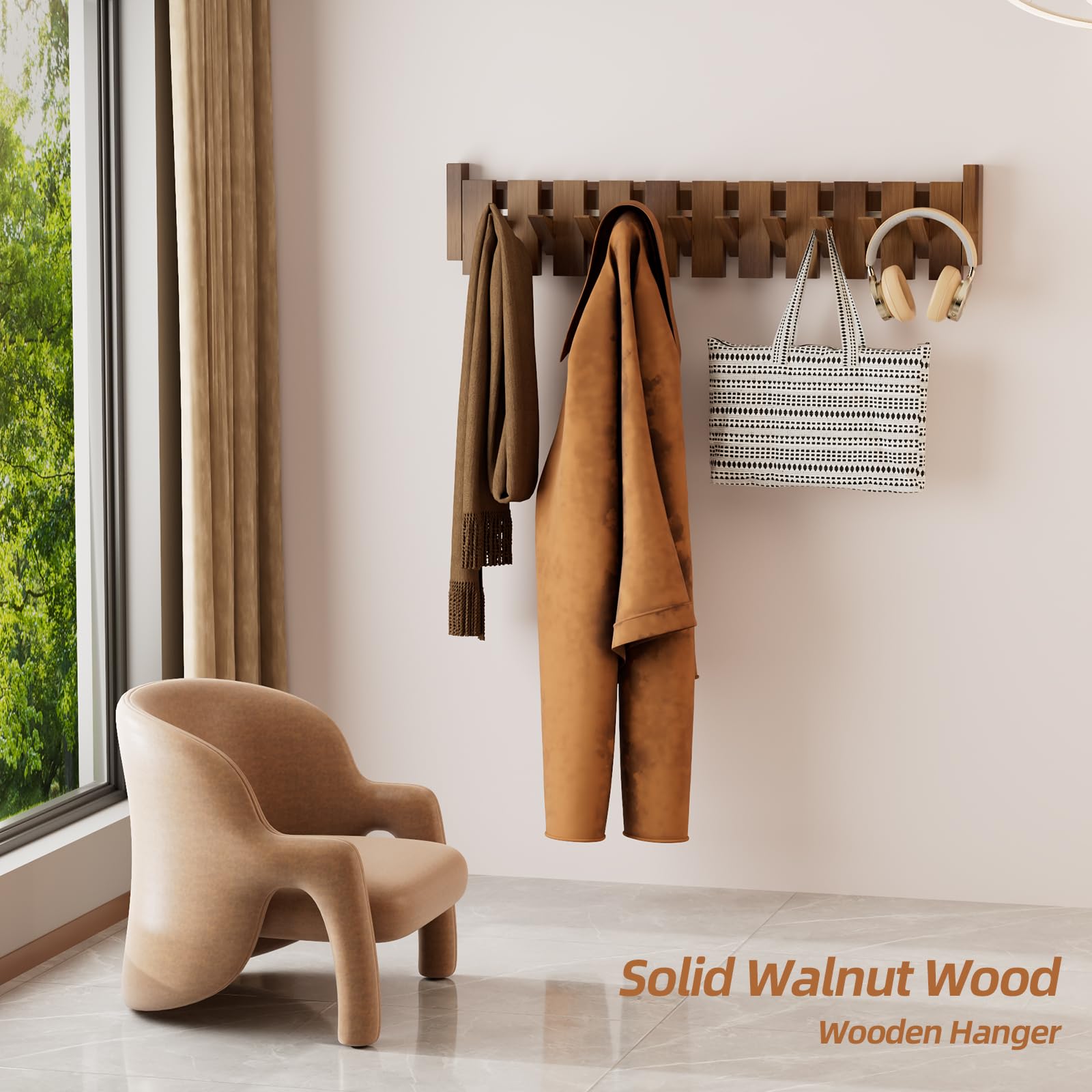 Kiseely Wooden Coat Rack, Wall Mounted Handmade Natural Hook, Space-Saving Coat Hanger with 10 Flip-Down Hooks for Entryway, Bedroom, Bathroom Decoration (Walnut M1, 10 Hooks)