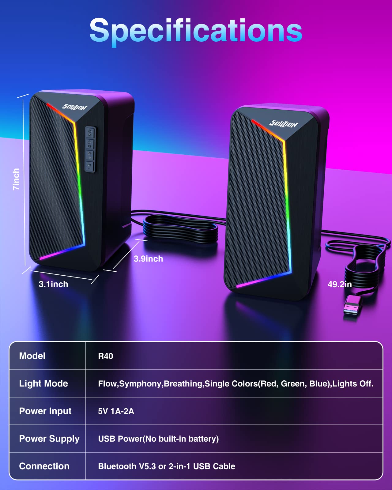 SOULION R40 Computer Speakers, USB/Bluetooth V5.3 Desktop Speakers for PC Monitor Gaming, with Customize 6 Lighting Effects, 2.0 Channel Surround Stereo & Quality Bass