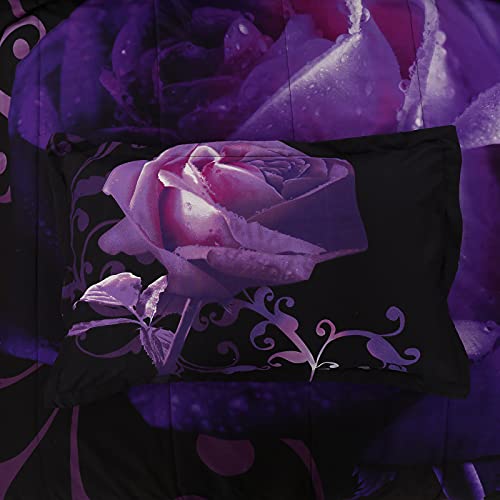 Purple Comforter Set Full Reversible Purple Rose Pattern Printed Bedding Down Comforter with 2 Pillow Cases for All Seasons, Soft Microfiber Bedding Comforter Duvet Set for Full Bed 80"x90"