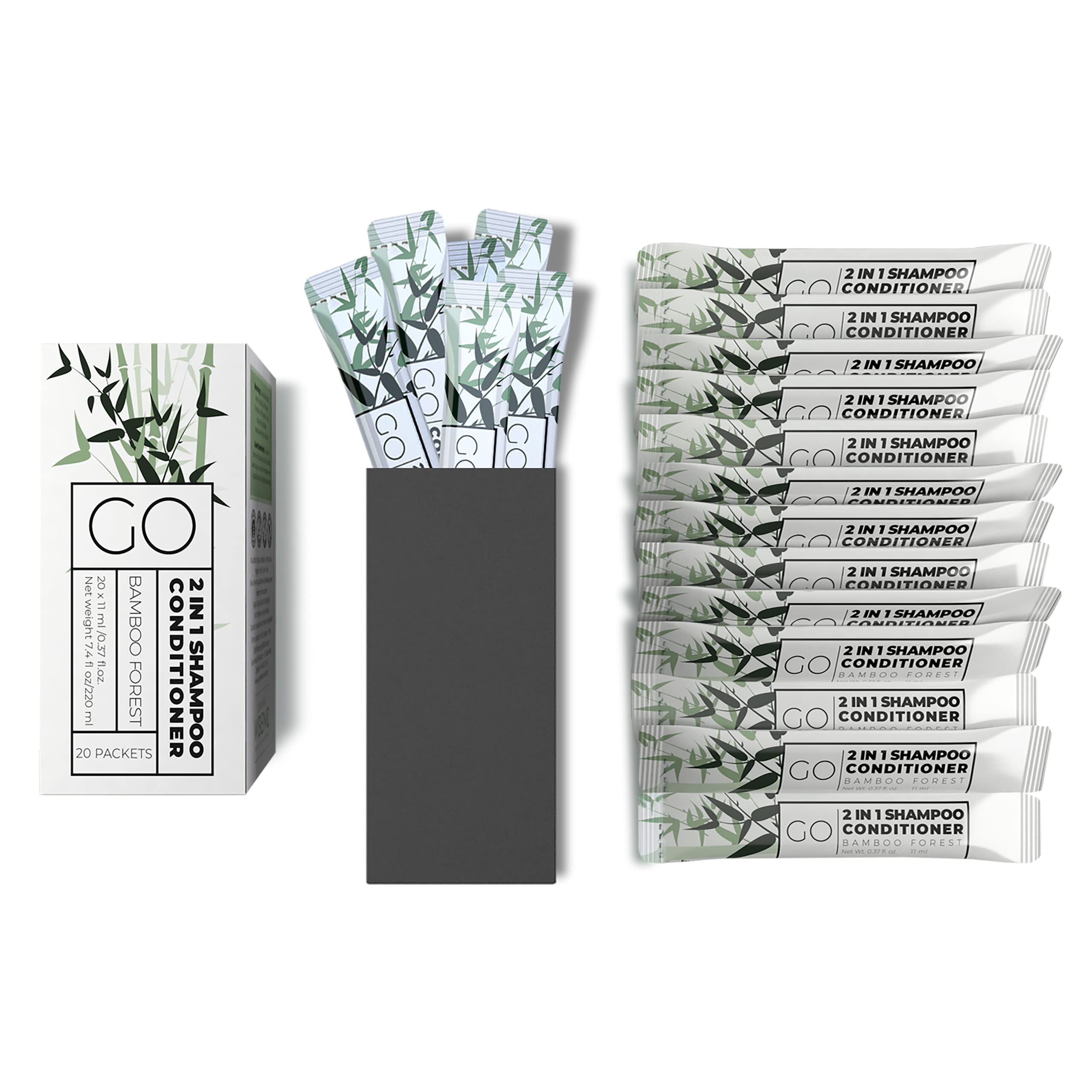 Go Essentials Travel 2 in 1 Shampoo/Conditioner 20 Unit Box Variety Pack (5 of each - shampoo/conditioner, lotion, mouthwash and body wash)