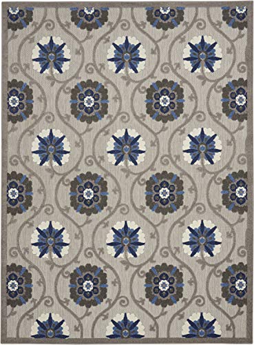 Nourison Aloha Indoor/Outdoor Grey/Blue 7'10" x 10'6" Area Rug, Easy Cleaning, Non Shedding, Bed Room, Living Room, Dining Room, Deck, Backyard, Patio (8x11)