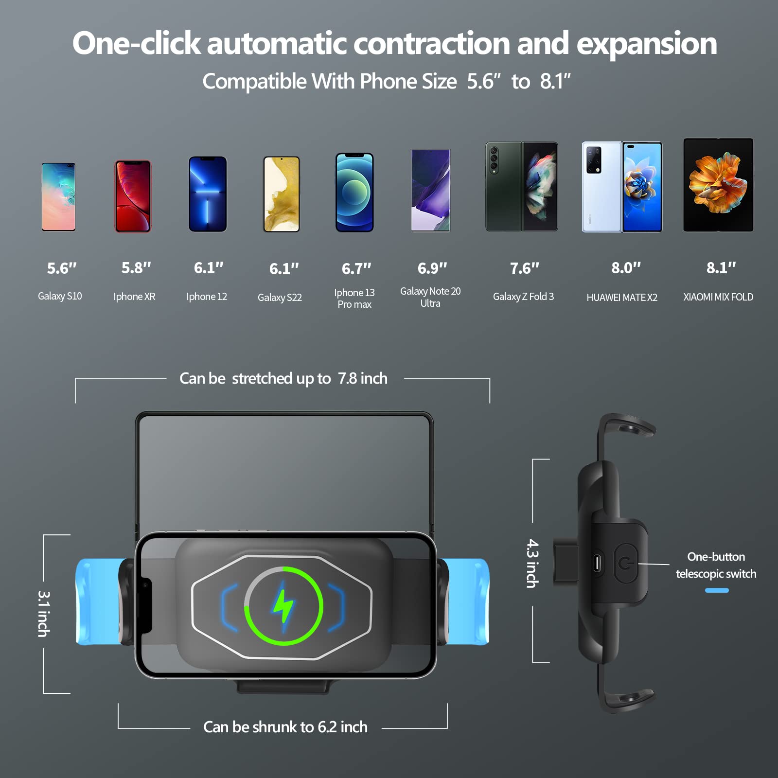 FULNEY Wireless Car Charger Mount, Cup Holder Phone Mount, Air Vent Mount, 15W Qi Charging, Compatible for Galaxy Z Fold 4/3/2/S23 Ultra, iPhone 14 Pro Max, Auto Clamping 5.6in-7.4in