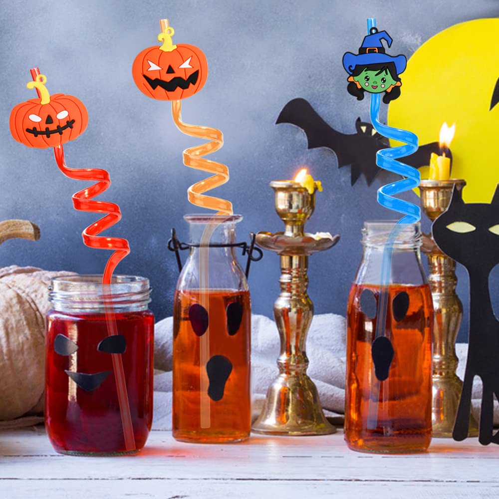 Halloween Drinking Straws, 24 Pack of Plastic Straws Reusable Pumpkin Wizard Pattern Kids Party Spiral Straws for Halloween Decoration Party Favor Goodie Gifts By Rely2016