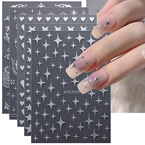 JMEOWIO 12 Sheets Moon Star Nail Art Stickers Decals Self-Adhesive Pegatinas UƱas Gold Silver Nail Supplies Nail Art Design Decoration Accessories