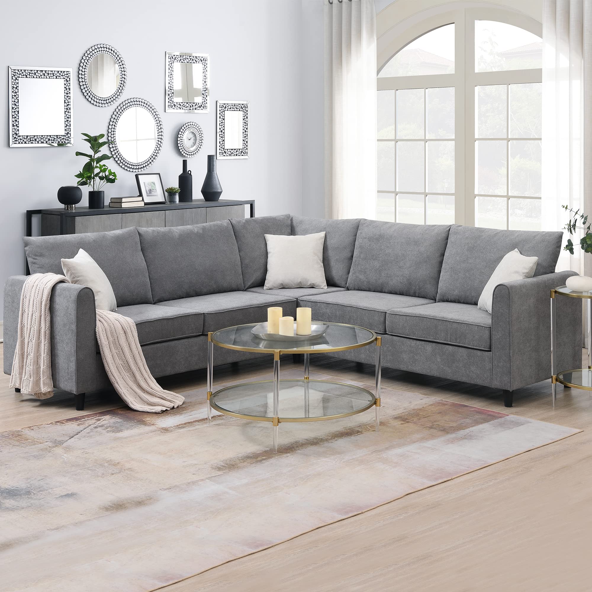 Jintop 91" Modern Upholstered Living Room Sectional Sofa,with 3 Pillows,L Shape Wood Frame Furniture Couch,w/Track Armrests,Cushions and Legs,for Dorm, Apartment,Studio,Office,Grey, Gray