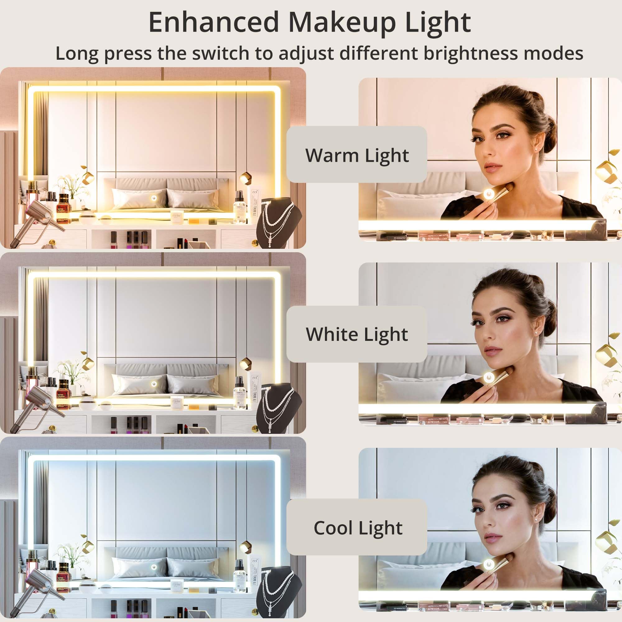 IRONCK Vanity Desk with LED Mirror and Lights and Power Outlet, Modern 8 Drawers Makeup Vanity Table with Storage Stool, for Bedroom, White
