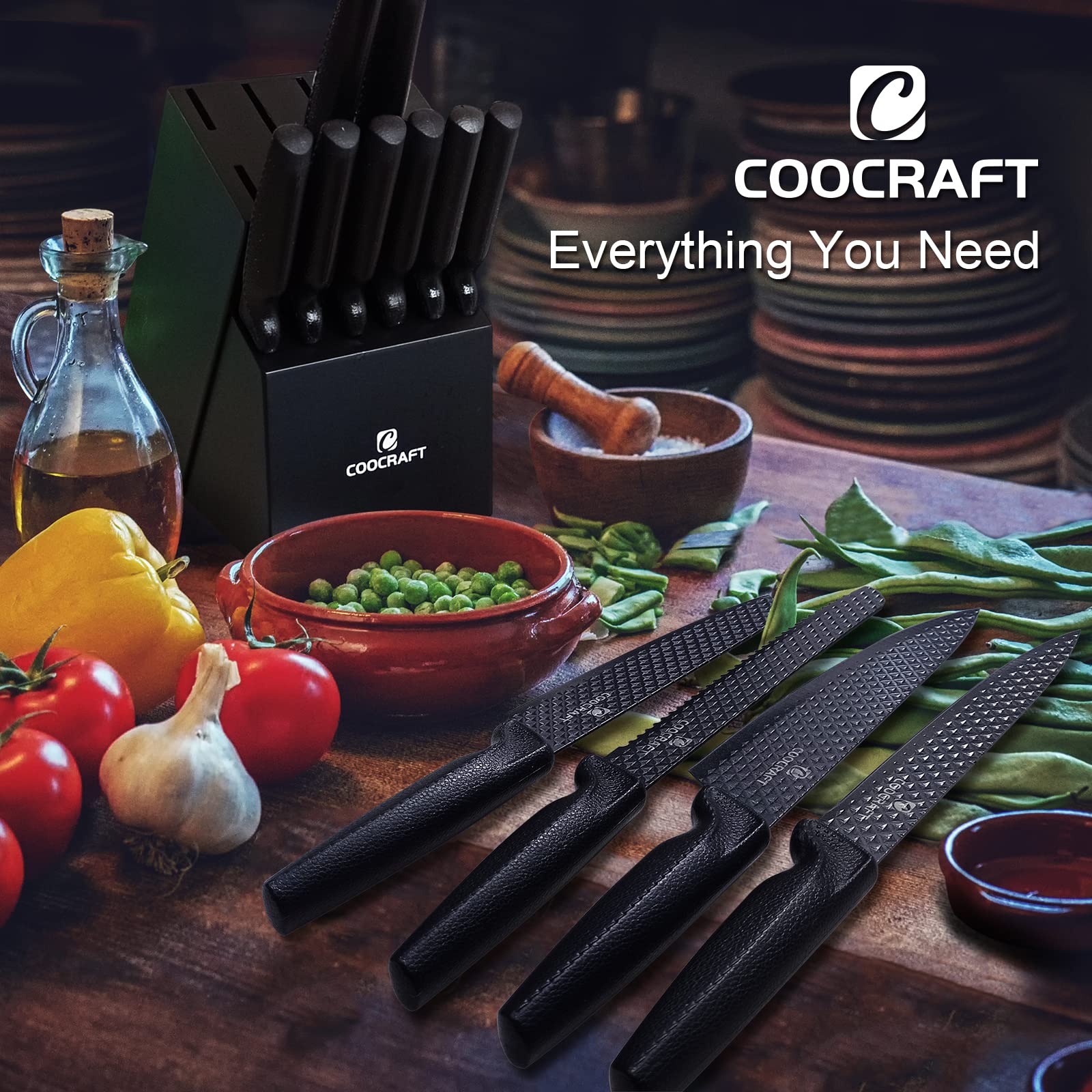 COOCRAFT Knife Set, Kitchen Knife Set Knife Sets for Kitchen with Block and Built-in Sharpener, 24PC Block Knife Set with 6 Steak Knives and 9 Measuring Spoons, Black