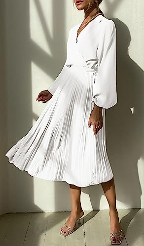PRETTYGARDEN Women's Fall Midi Dress Long Puff Sleeve Wrap V Neck Flowy Ruffle Pleated Casual Dresses (White,Large)