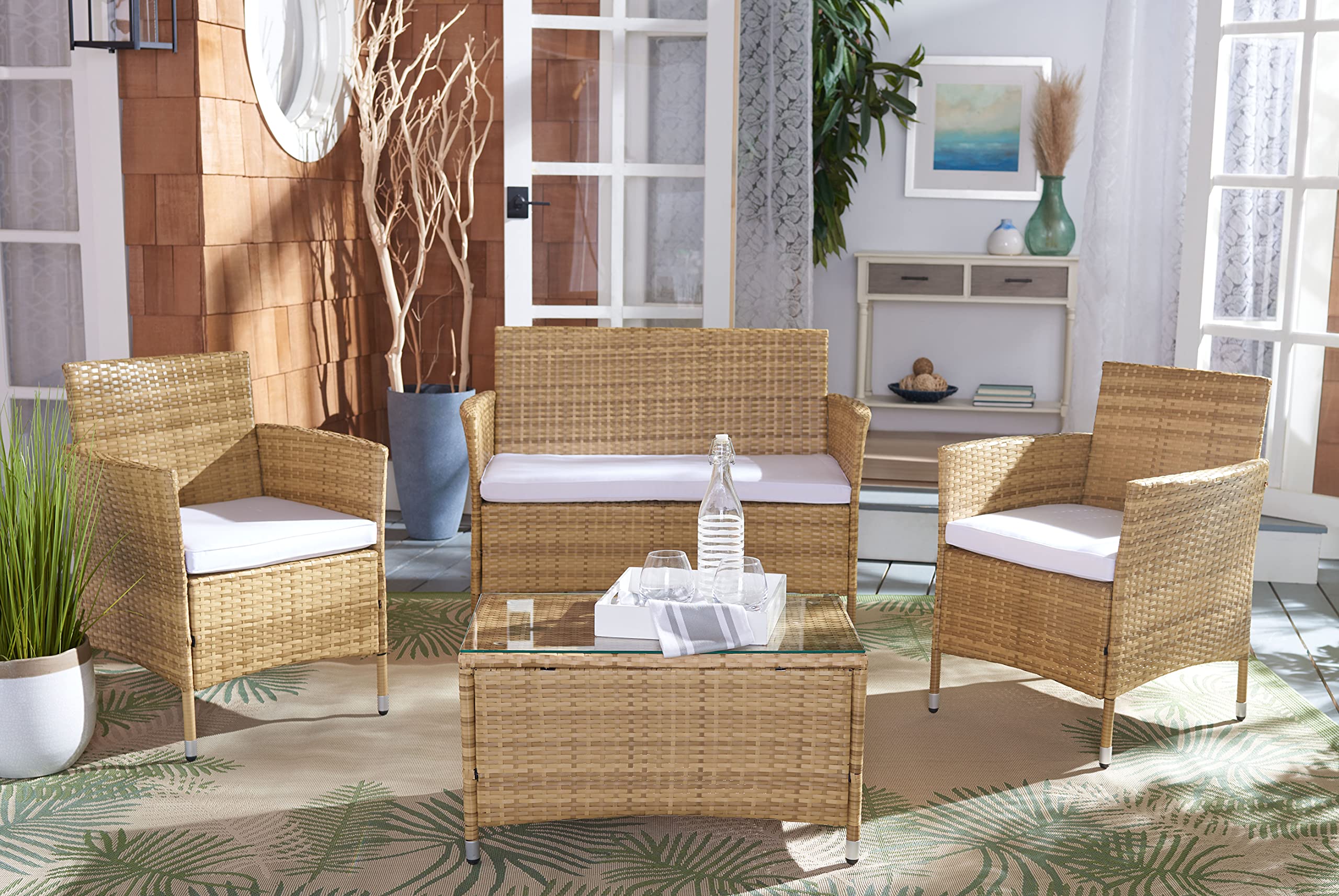 SAFAVIEH Outdoor Collection Bandele Natural/White Cushion 4-Piece Conversation Patio Set PAT7506D