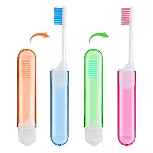 Sibba Toothbrush Covers 4 Pieces Folding Manual Toothbrushes Case Travel Kit Soft Bristles Tooth Brushes Mini Size Portable Brush Coverings Wrapped for Men Women Childrens Toddler