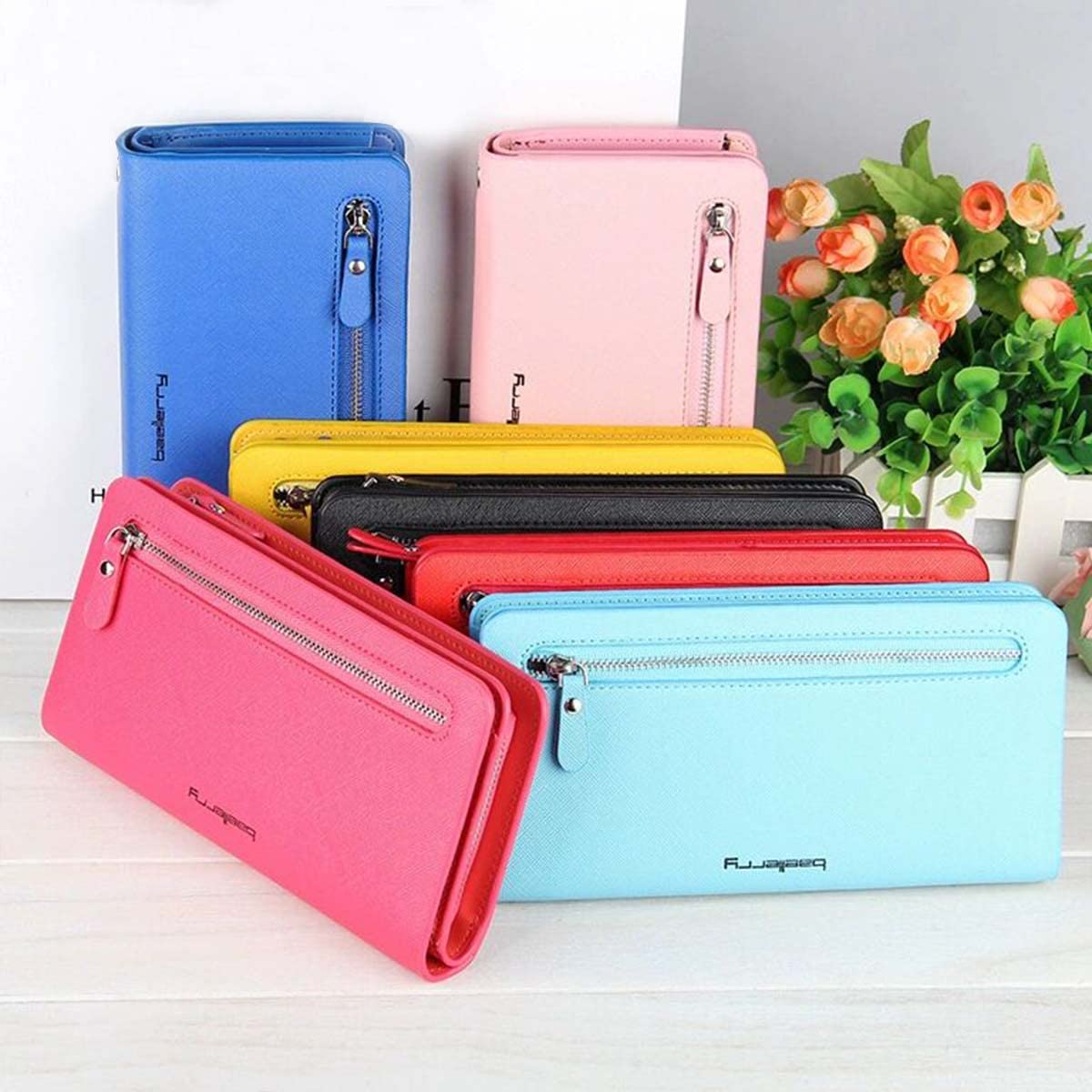 Women’s Long PU Leather Wallet with Credit Card Holders Money Organizer Zipper Purse Wristlet Handbag (A Pink)