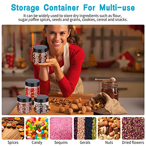 Mimorou 100 Pcs Plastic Jars with Lids Wide Mouth Round Clear Containers, Black Pen and Labels Refillable Airtight Travel Storage Leak Proof Small for Storing Dry Food, Makeup, Honey, Butter (2 oz)