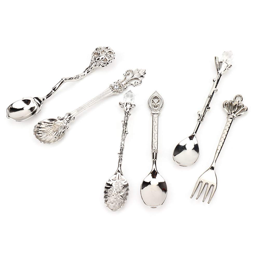 Fdit 6Pcs/Set Vintage Carved Coffee Spoon Teaspoon Retro Zinc Alloy Dessert Coffee Tableware Spoons Cutlery Kitchen(Silver)