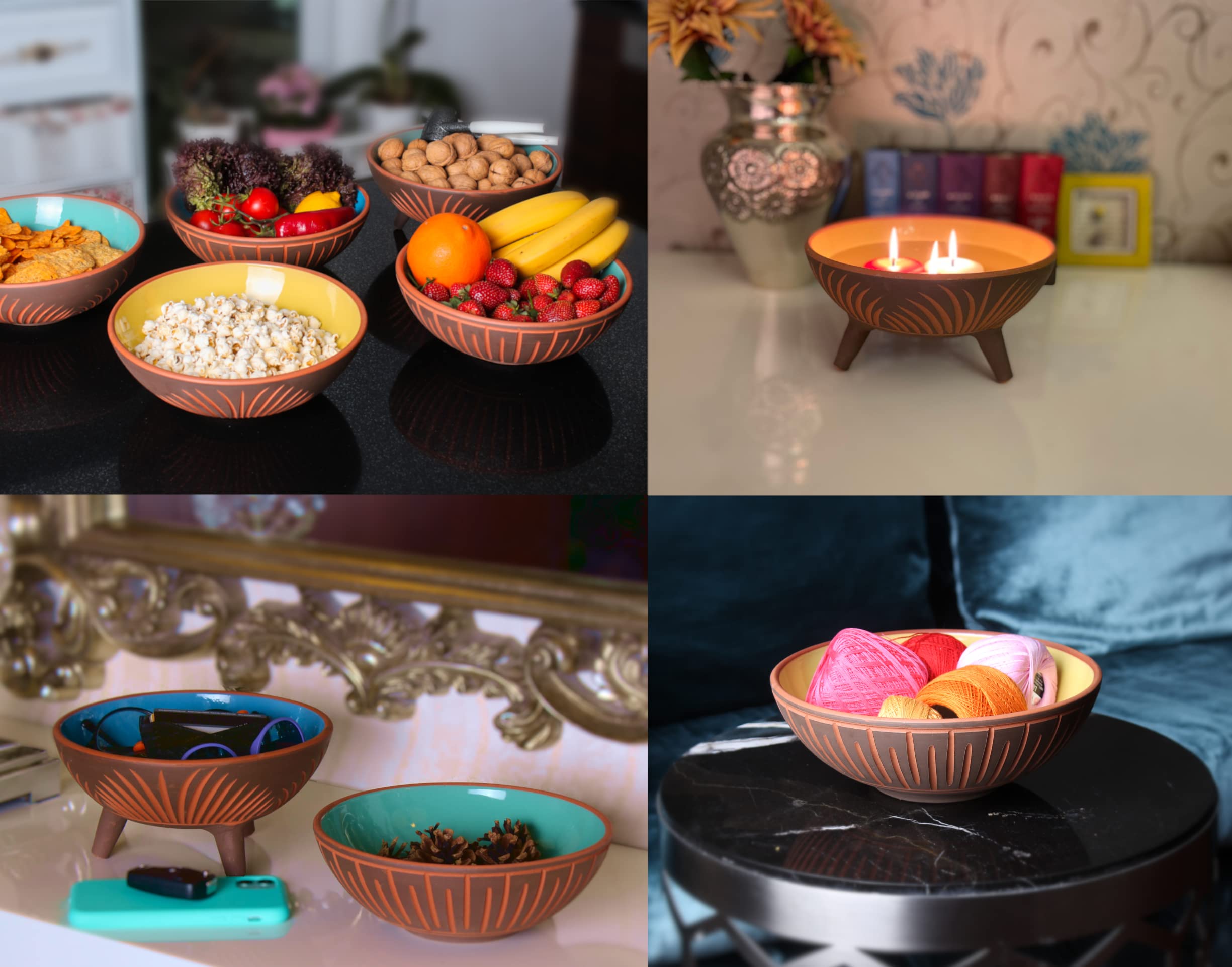 Handmade 10-inch Decorative Rustic Terracotta Bowl: Unique Gift! Ideal for Serving Fruit, Salad, Snacks, and Decorating. Leaf-Blue