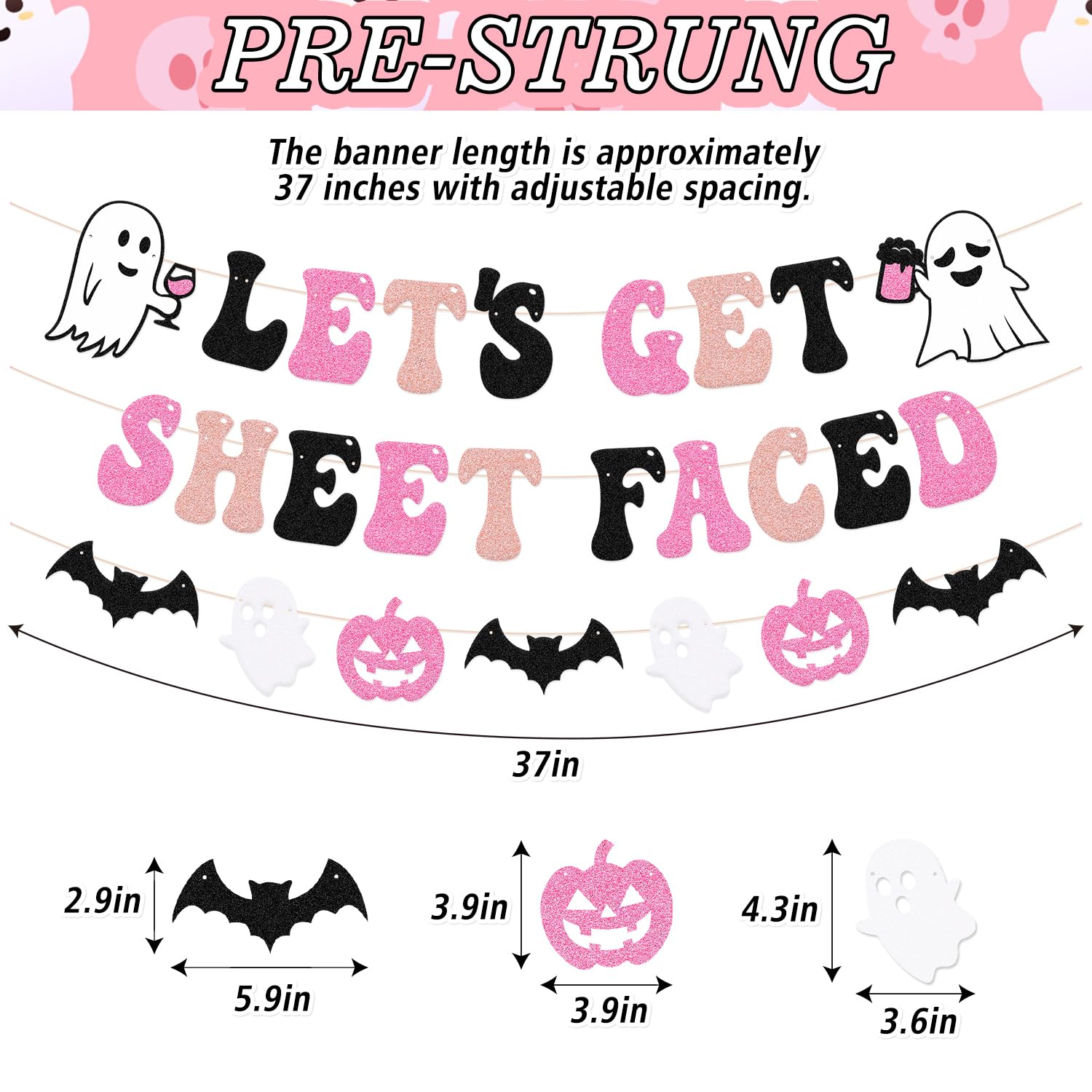 Let's Get Sheet Faced Banner Halloween Decoration Pink Hallow Banner Spooky Ghost Backdrop Boo Bat Pumpkin Haunted House Witch Poison Bar Theme Party Decor