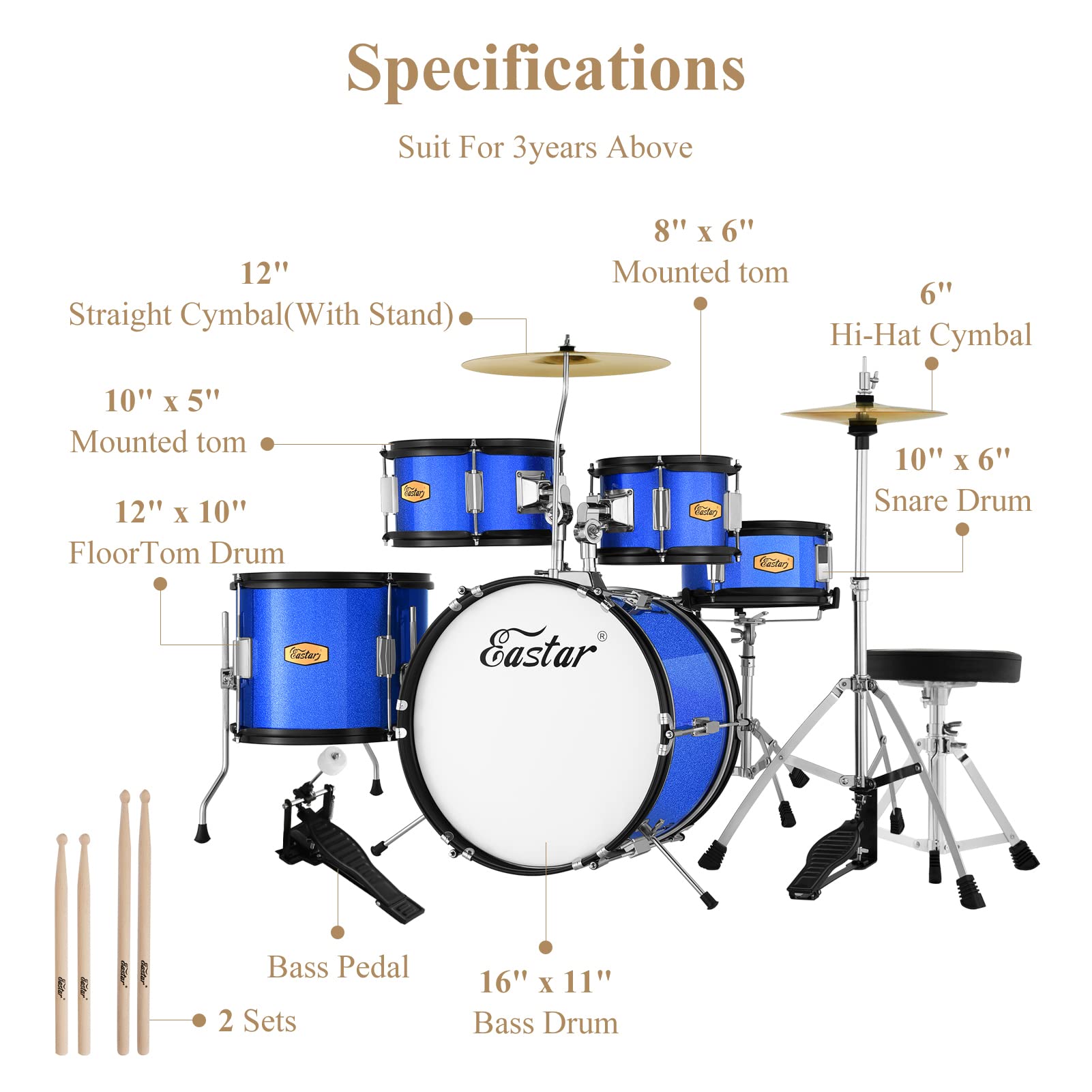Eastar Drum Set for Kids - 16 inch 5-Piece Drum Kit for Beginners with Adjustable Throne and Cymbal, Pedal & Drumsticks, Metallic Blue (EDS-350MBE)