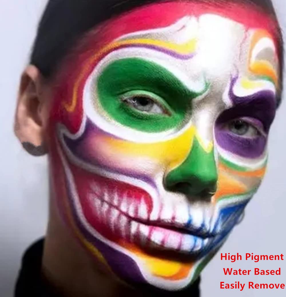 Go Ho White Red Black Face Body Paint(2.1 oz),Water Based Blue Yellow Green Face Painting Set,6 Colors for Special Effects Zombie Vampire Skeleton Clown Witch Halloween Costume Makeup with 2 Brushes
