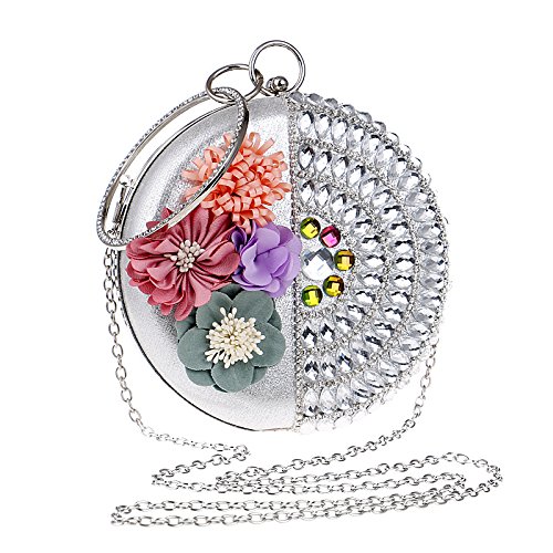 Womens Round Gorgeous Luxury Bling Evening Clutch Chain Bag with Flower Rhinestone Crystal Wedding Purse Bridal Prom Party Handbag Red