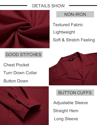 COOFANDY Casual Dress Shirts Men Untucked Button Down Shirts Beach Shirts Christmas Shirt Wine Red Large
