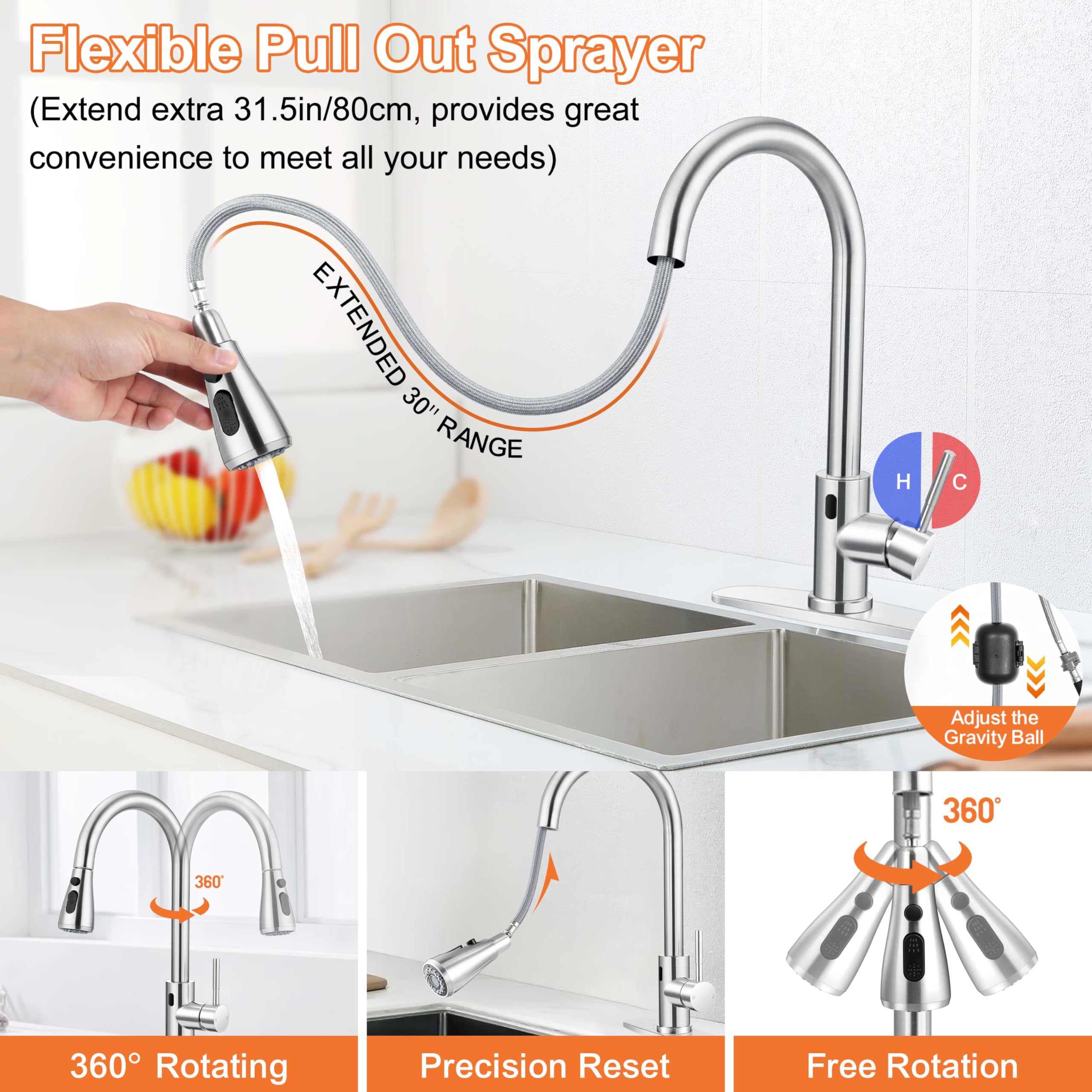 Homikit Touchless Kitchen Faucets with Pull Down Sprayer & Soap Dispenser, Automatic Motion Sensor Smart Faucet for Kitchen Sink, Brushed Nickel Single Handle Stainless Steel Faucet for Farmhouse RV