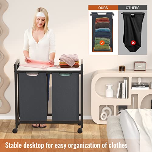 Homykic Laundry Hamper with Wheels, 100L Pull-Out Laundry Basket with Shelf, 2-Section Laundry Sorter Cart with Removable Laundry Bags 4 Hooks for Clothes, Bamboo Top and Metal Frame, White+Black