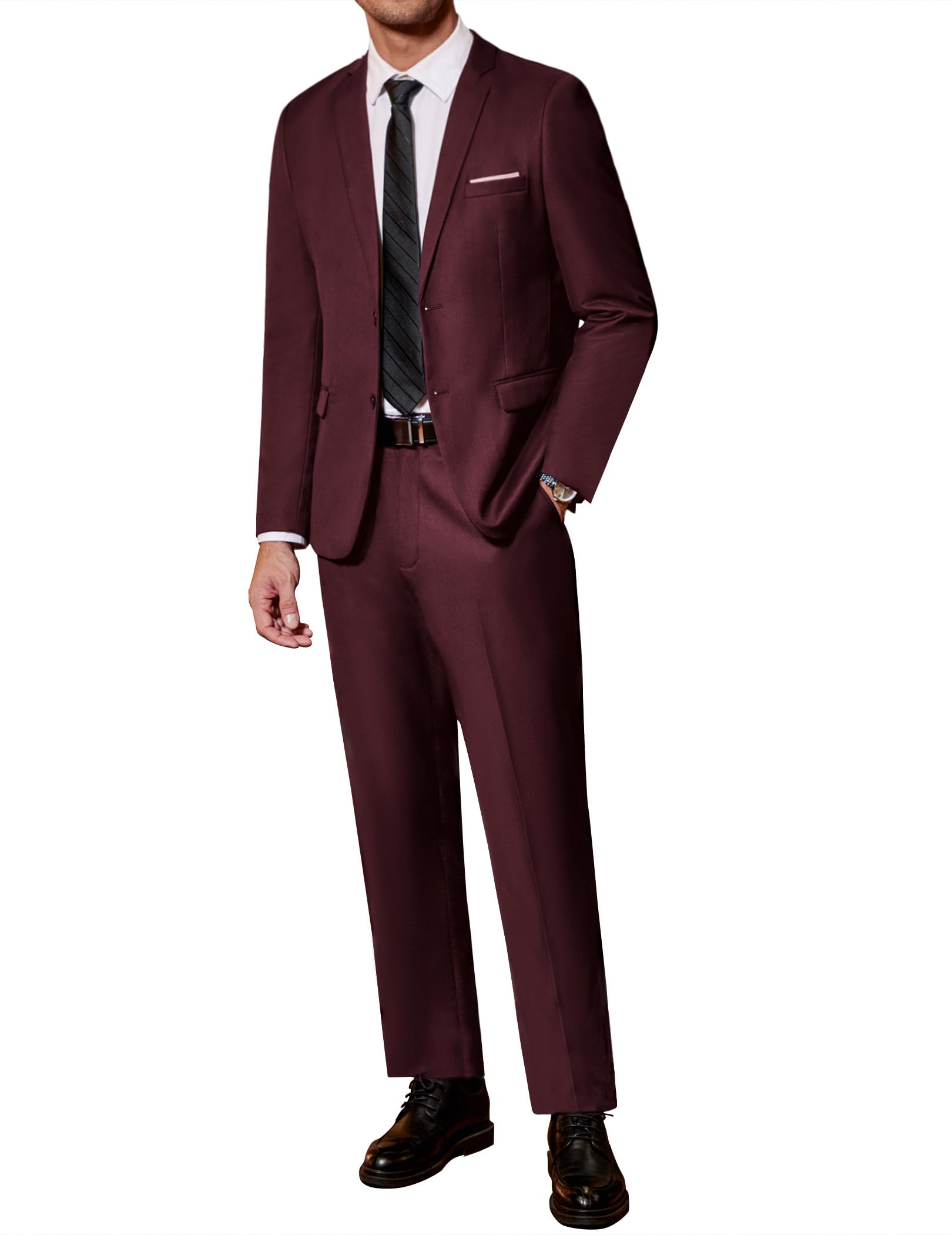 COOFANDY Christmas Suits for Men 2 Pieces Slim Fit Solid Color 2 Buttons Jacket Pants for Wedding Dinner Party Burgundy