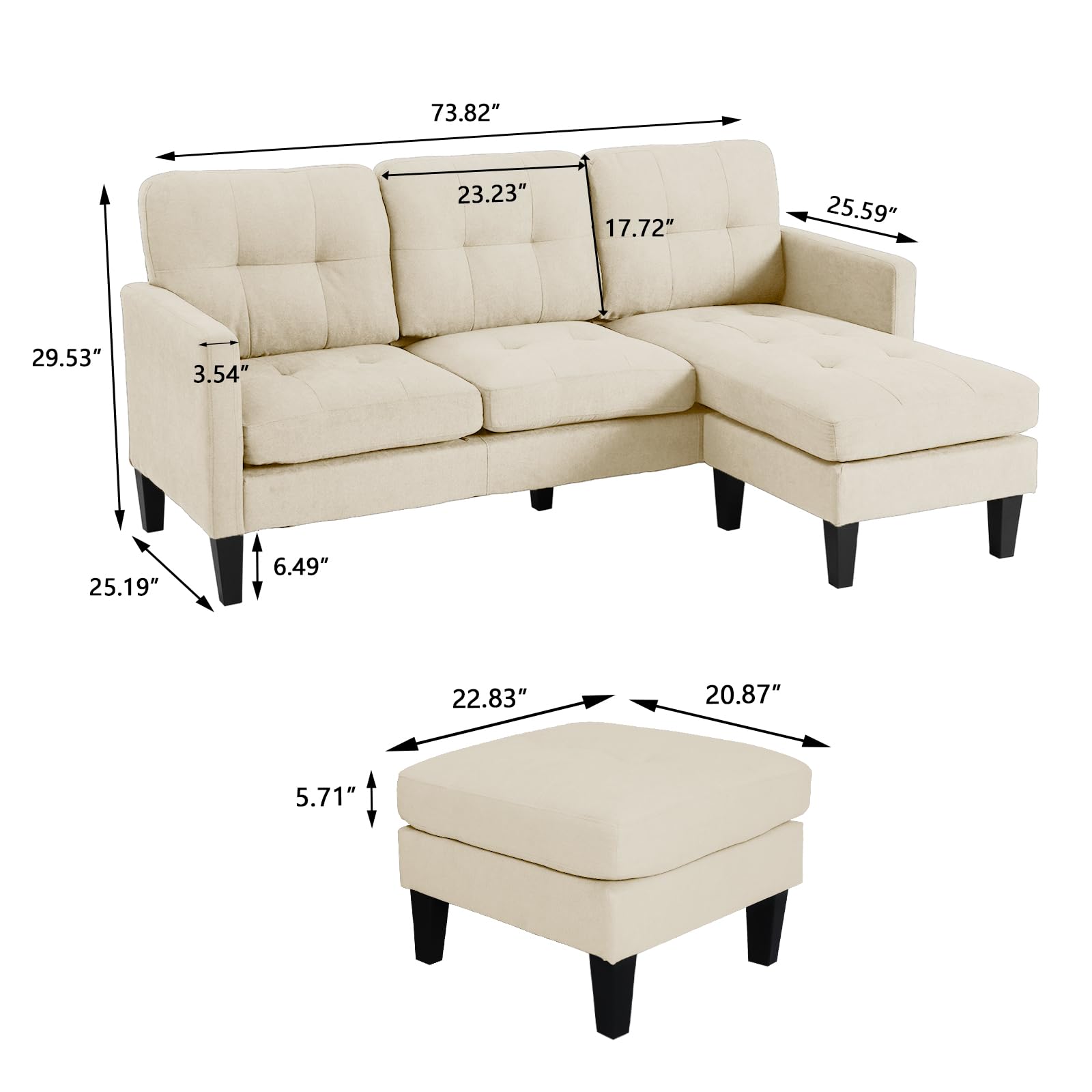 LETATA Convertible Sectional Sofa Couch with Chaise, Black L Shaped Couch Sofa Set with Reversible Ottoman, Modern Small Sectional Couches for Living Room,Apartment,Small Spaces (Beige)