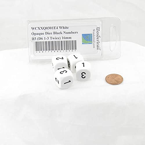 Wondertrail White Opaque Dice with Black Numbers D3 (D6 1-3 Twice) 16mm (5/8 inch) Pack of 4