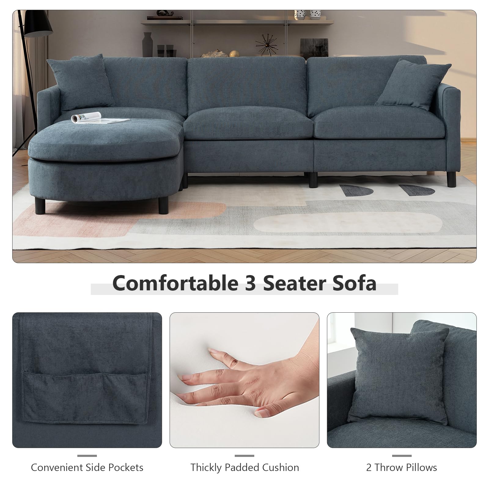 Hommoo L Shaped Sofa Sectional Couch for Home Living Room 3 Seat Couch with Removable Ottoman Comfy Linen Fabric Small Modern Couch for Apartment with Pillow 107β Grey