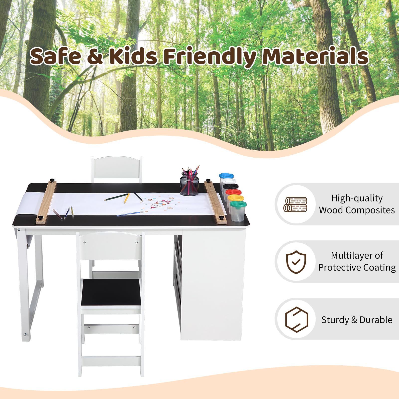 Kids Art Table and 2 Chairs,Toddler Craft and Play Wood Activity Table With Storage Bins, Drawing Desk, Kids Activity Table and Study Table, Activity & Crafts for Children Wooden Furniture (Grey)