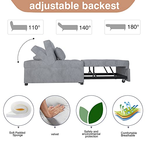Velvet Convertible Sofa Bed, 4 in 1 Multi-Function Folding Ottoman Lounge Chair, Modern Sleeper Bed Couch Guest Bed with Adjustable Backrest and Pillow for Living Room Small Room Apartment (Gray)