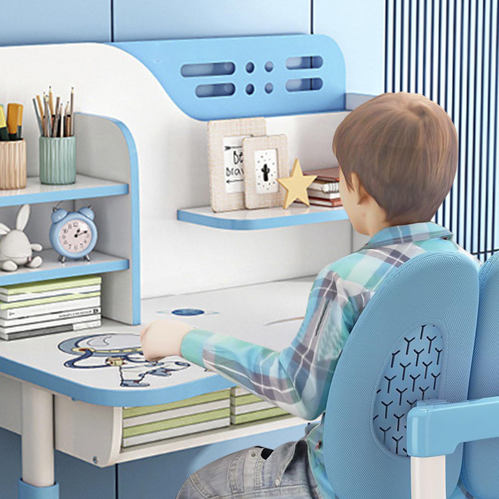 Kids Study Desk Chair Set Learning Table Height Adjustable with Writing Board, Drawers and Storage Compartments Curved Desktop Cartoon Learning Desks and Chairs for Boys and Girls (Blue/ Pink) (Blue)