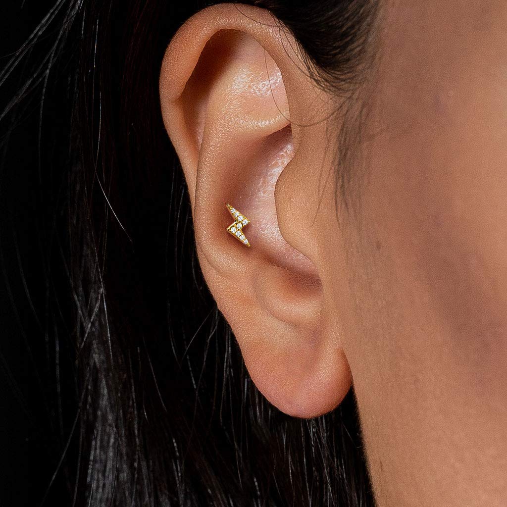 Dynamique Paved Round CZ Lightning Bolt Top On Internally Threaded 316L Surgical Steel Flat Back Studs For Cartilage And Labret (Sold Per Piece)
