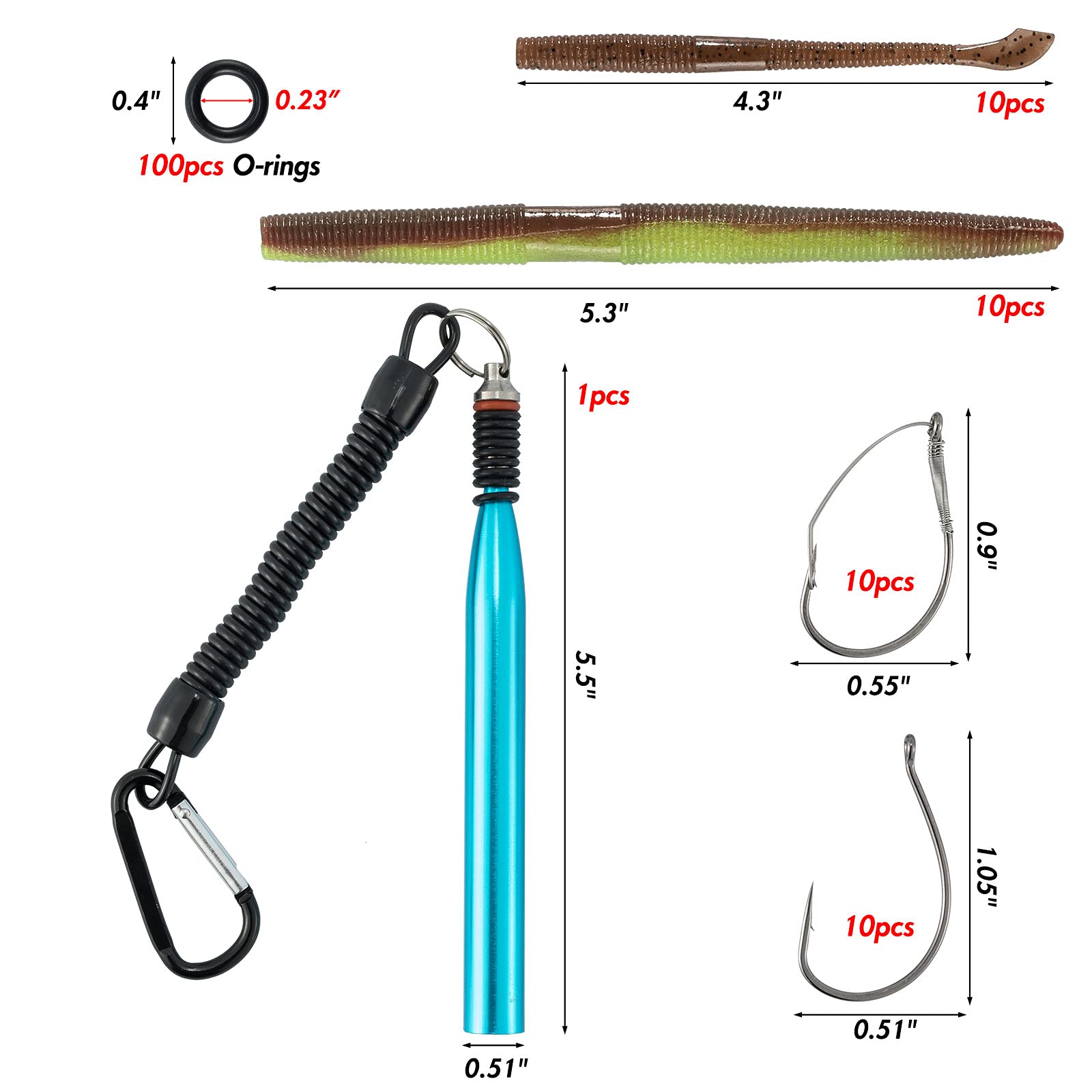 Dr.Fish 141-Pieces Wacky Worms for Bass Fishing Wacky Rig Kit Weedless Hook Plastic Worm Stick Bait Wacky Tool and O Rings