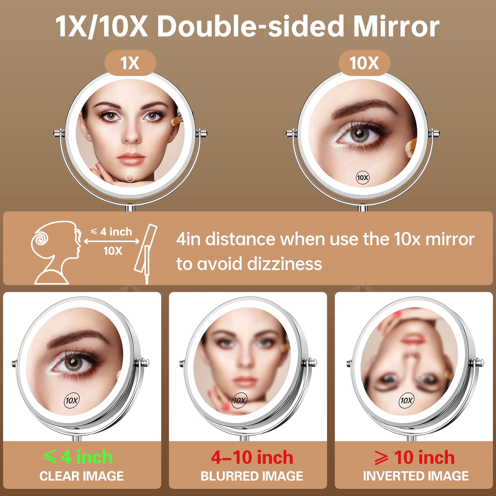Gospire Lighted Makeup Mirror with Magnification 10X, Rechargeable Stepless Dimming LED Vanity Mirror 7", 360° Swivel Magnifying Cosmetic Mirror Cordless Standing Mirror for Dresser, Bathroom