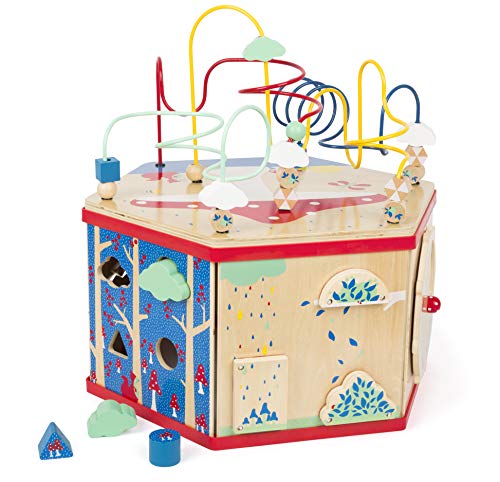 Wooden Activity Cube XL Size by Small Foot โ Classic 7-Sided Interactive Toy with Bead Maze, Puzzle, Shape Sorter, Clock & Wheels - Develops Kids Dexterity, Motor Skills โ Age 12+ months