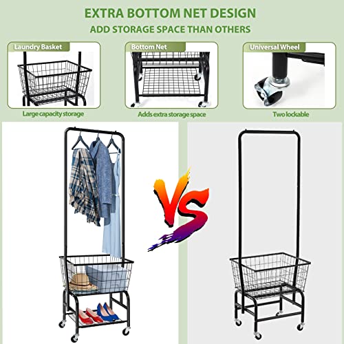 Laundry Cart with Wheels and Hanging Rack Rolling Laundry Basket with Clothes Rack Laundry Butler with Wire Storage Rack Coat Rack for Bedroom Hallway Laundry, Black-3