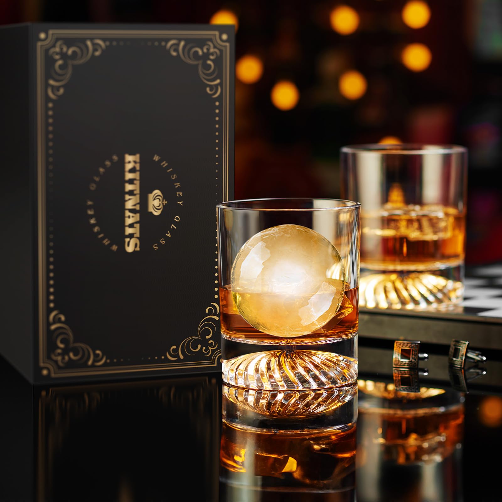 KITNATS Hand Blown Crystal Old Fashioned Whiskey Glasses Rocks Glasses Drinking Cocktail Bourbon Scotch Rum Vodka Liquor 12 OZ - set of 2 Gifts for Men