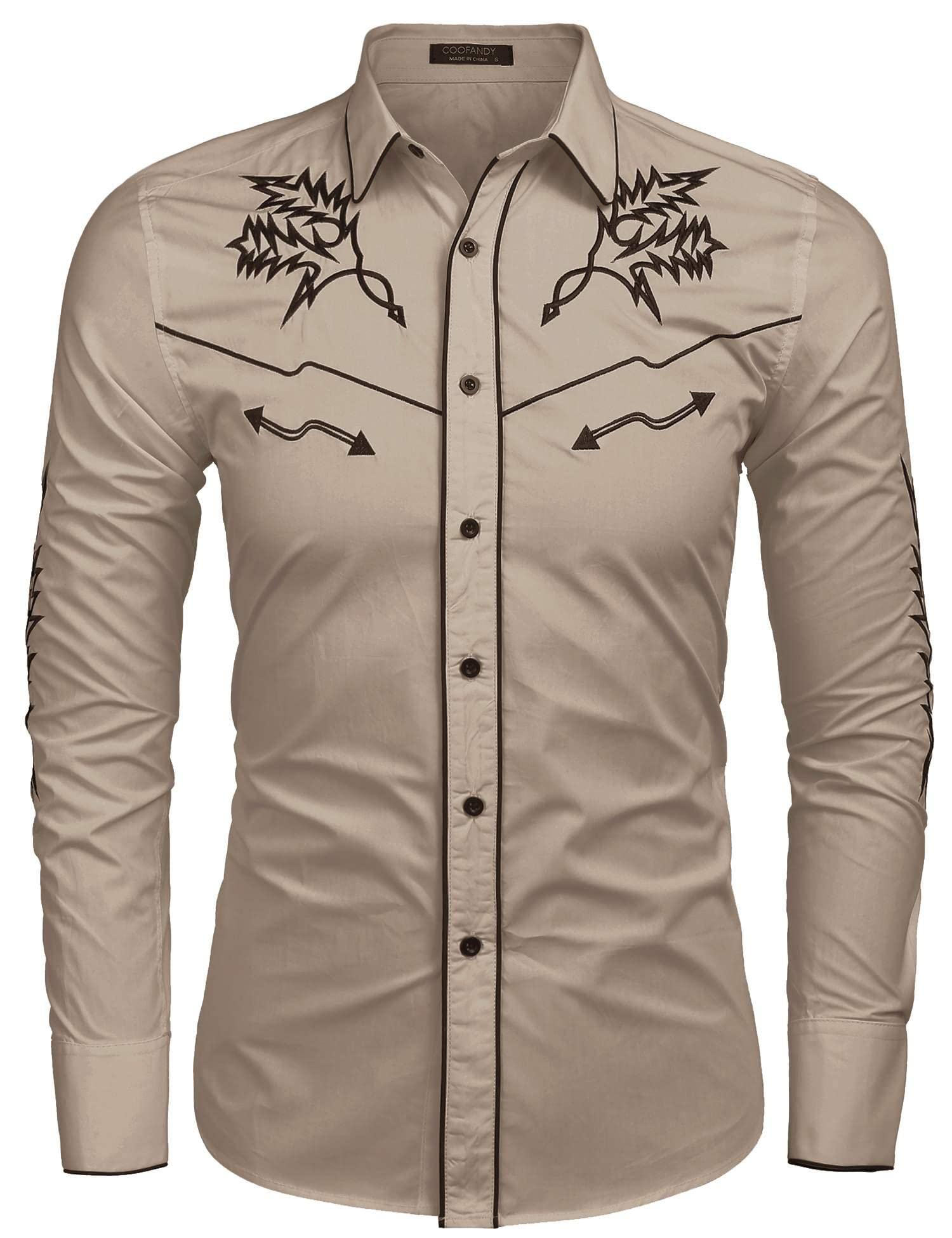 COOFANDY Mens Western Cowboy Shirt Embroidered Denim Long Sleeve Casual Button Down Shirt (Large, Khaki)