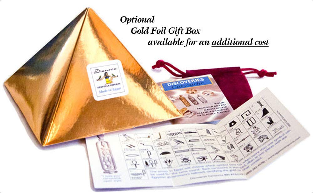 Discoveries Egyptian Imports - Handmade 14K Gold Cartouche with Health, Life and Happiness Translated into Hieroglyphic Symbols - 1-Sided Solid Style - Made in Egypt