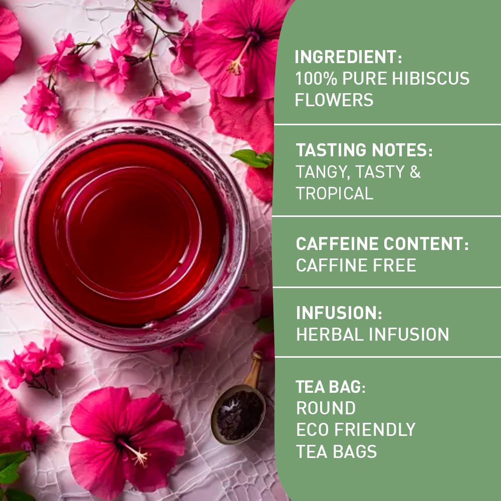 HANDPICK, Hibiscus Tea Bags - 100 Count | Caffeine-Free, Pure Ingredients - Hibiscus Flowers | Brew Hot, Iced Tea or Kombucha Tea | Round Nutritious Herbal Tea Bags