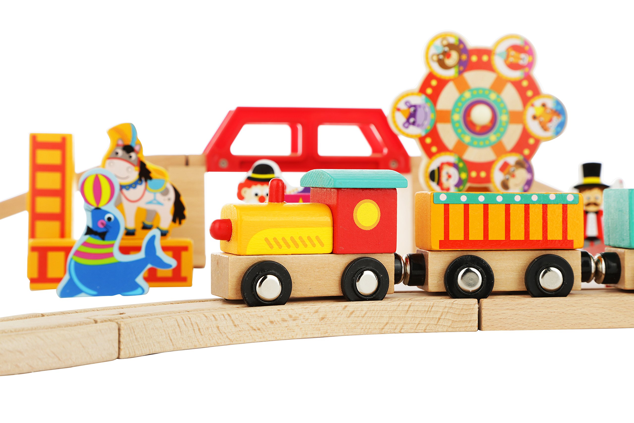 Wooden Train Set Toy Magnetic Trains Cars & Accessories for Toddlers & Kids 3+ Circus Train Set