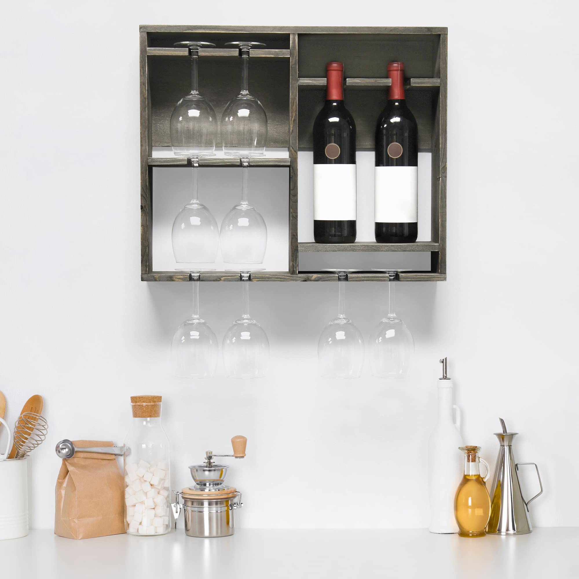 Elegant Designs HG1020-RGY Bartow Wood Shelf with Glass Holder Wall Mounted Wine Rack, Rustic Gray