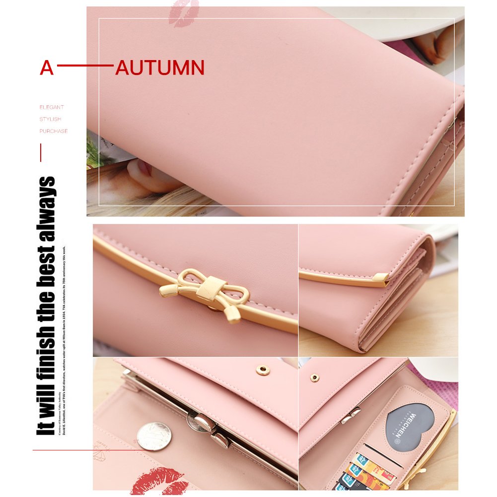 WOOLALA Women Cute Bowknot Wallet Trifold Large Capacity Long Purse