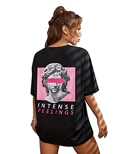 SweatyRocks Women's Short Sleeve Drop Shoulder Round Neck Tee Graphic Print Oversized Loose Fit T-Shirt Tops Black Pink M