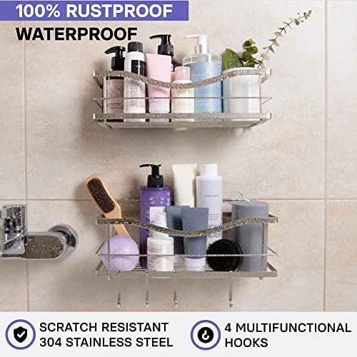 KINCMAX Shower Shelves 2-Pack - Self Adhesive Caddy with 4 Hooks - No Drill Large Capacity Stainless Steel Wall Shelf - Aesthetic Organizer for Inside Bathroom - Polished Silver