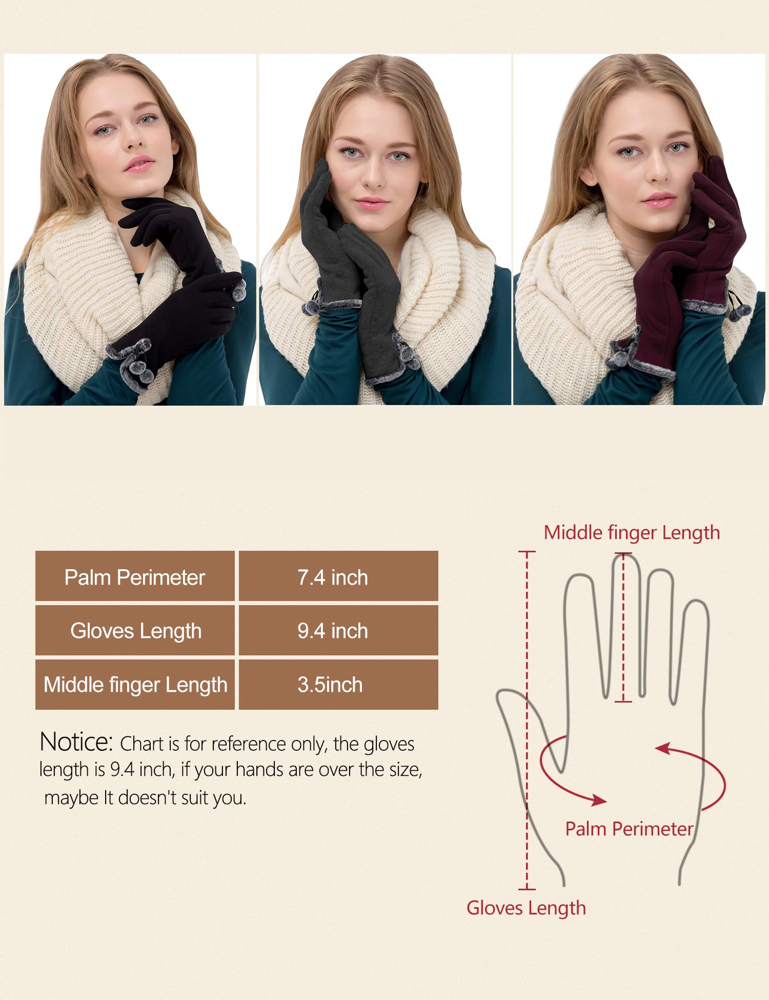 Dimore 3 Pairs Winter Gloves for Women Cold Weather with Touch Screen Fingers Warm Thick Texting (3pair(1black+1dgrey+1wred))