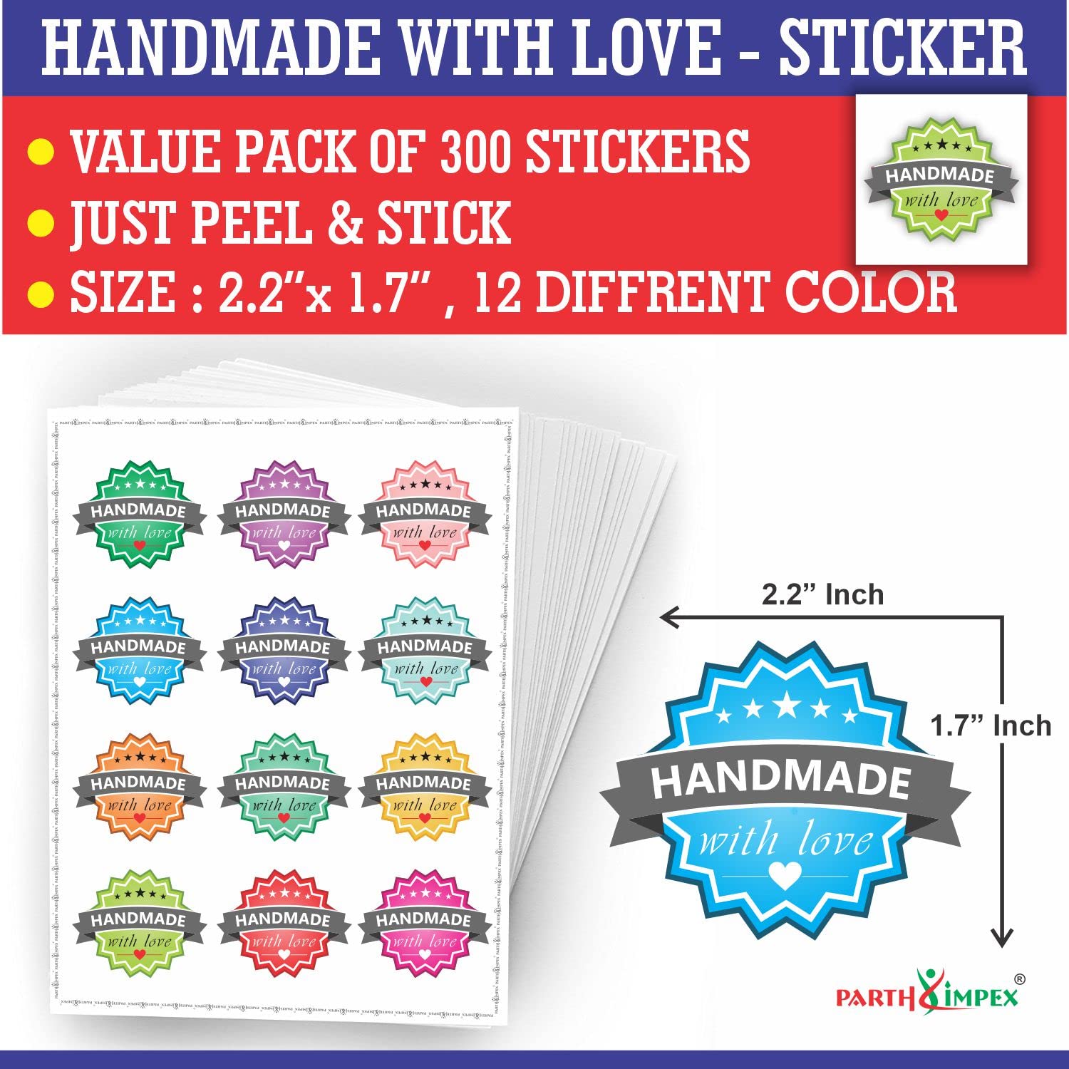 Handmade with Love Stickers - (Pack of 300) 2.2" x 1.7" Large in Sheets Essential Small Business Labels for Packaging Gift Envelopes Seals Boxes - Multi Color